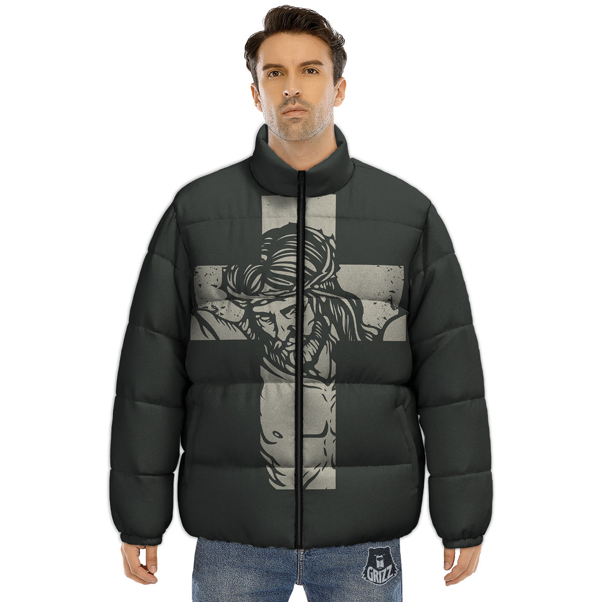 Jesus Christ Crucifixion Print Puffer Jacket