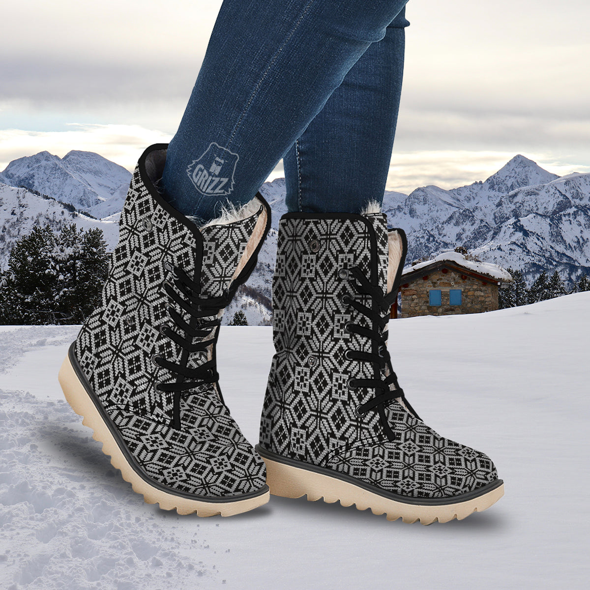 Knitted White And Black Print Pattern Snow Boots