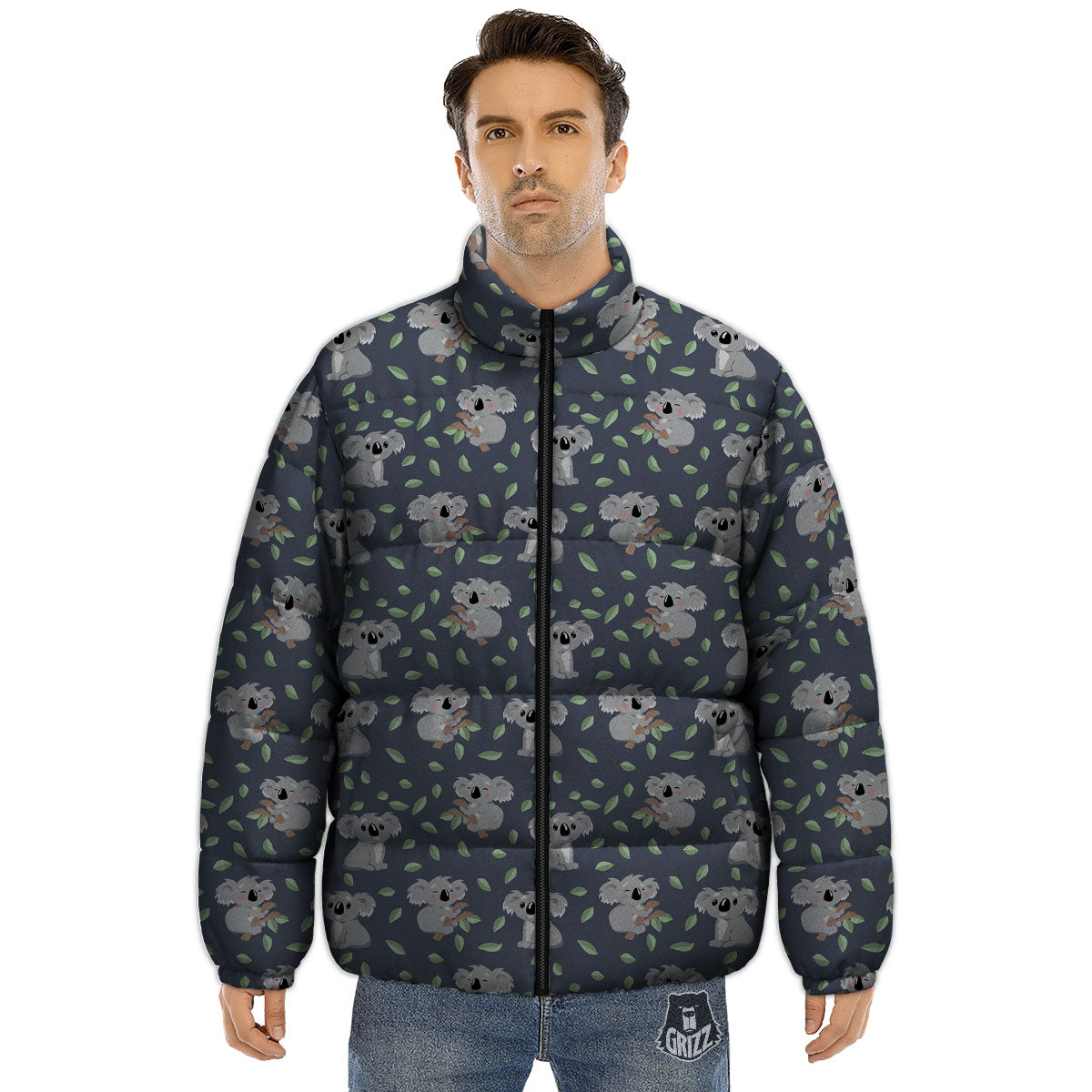 Koala Grey Print Pattern Puffer Jacket