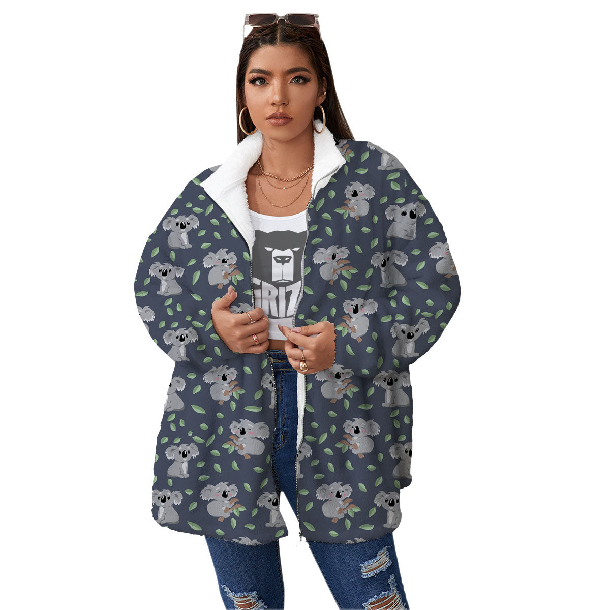 Koala Grey Print Pattern Women's Sherpa Jacket