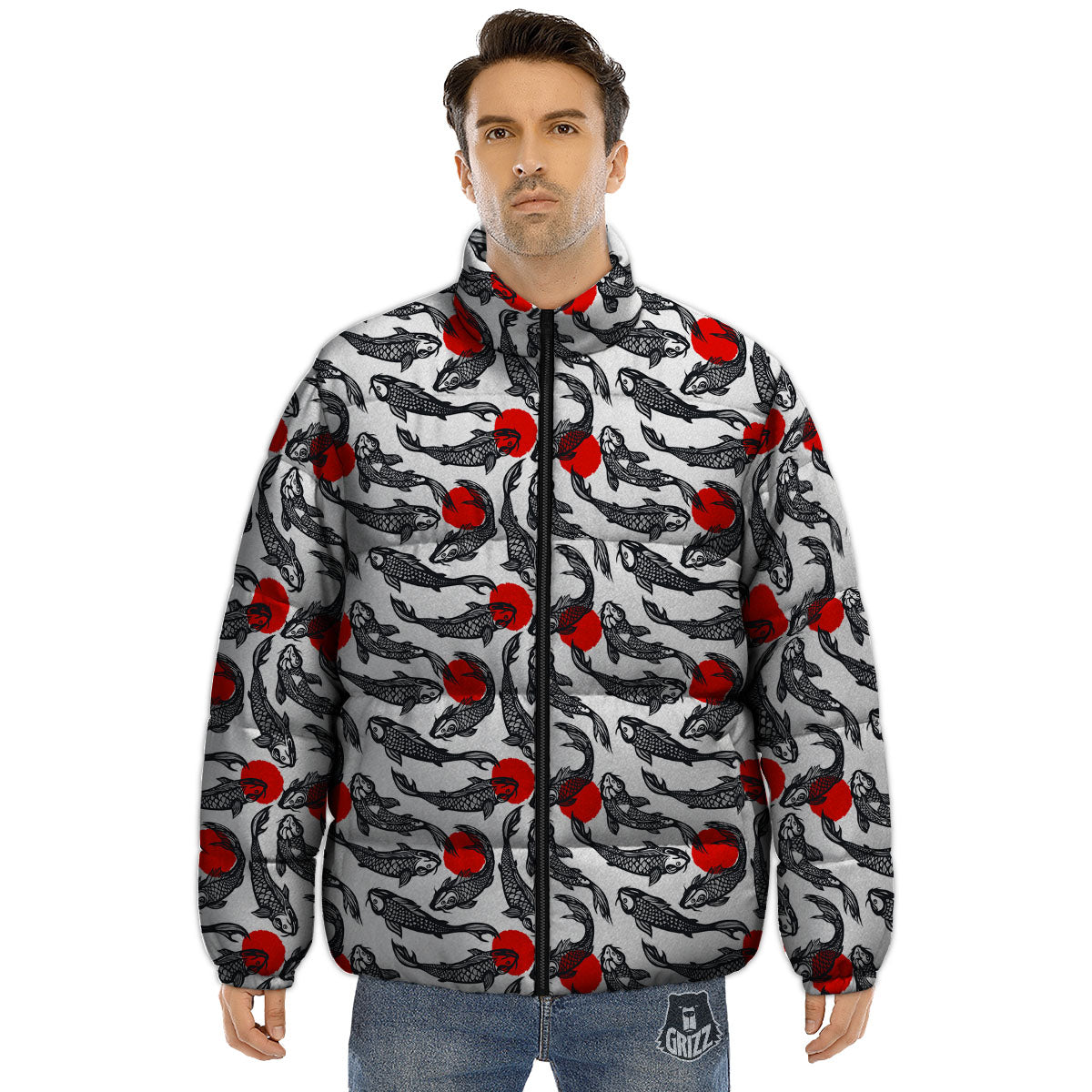 Koi Fish Carp Japanese Print Pattern Puffer Jacket