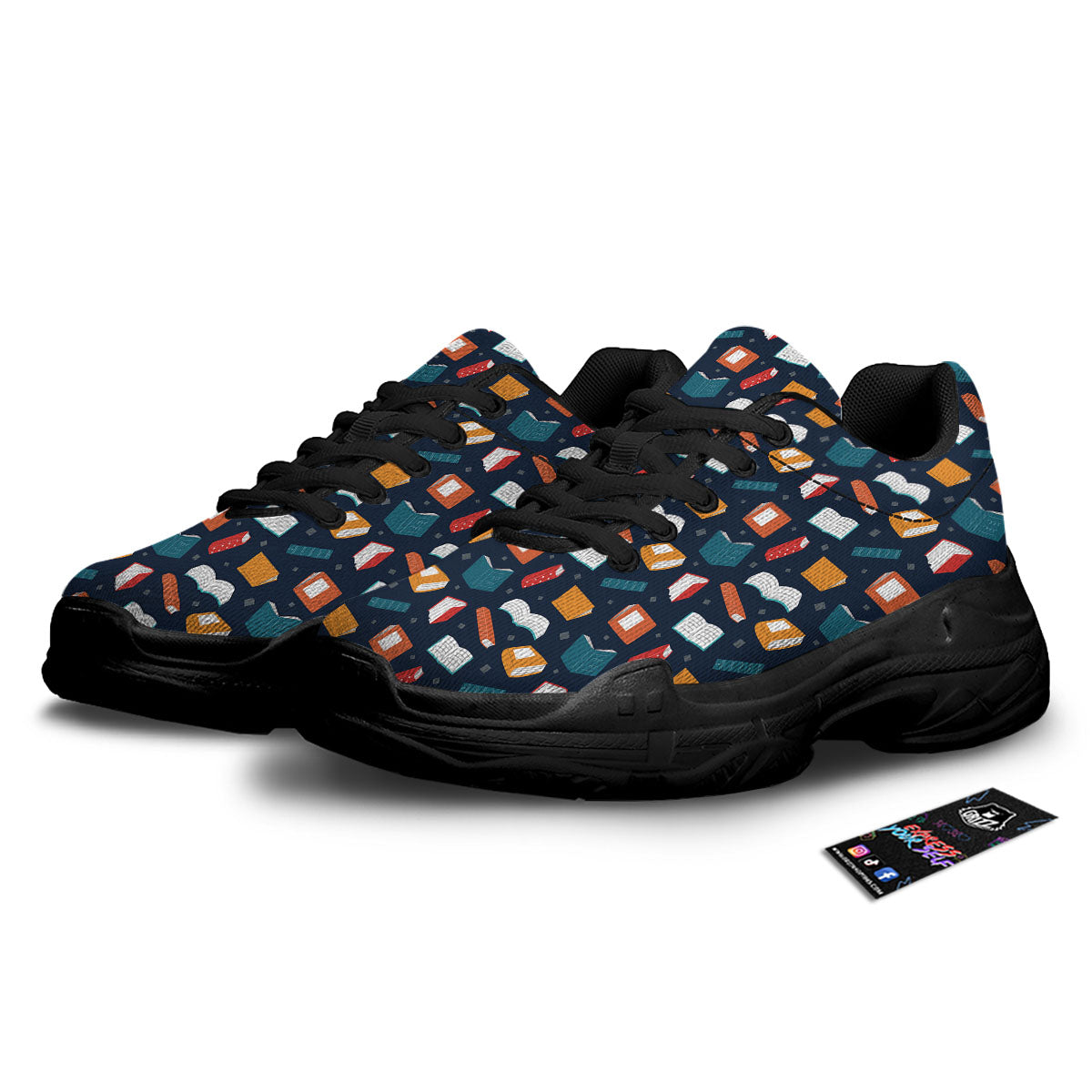 Library Reading Print Pattern Black Chunky Shoes