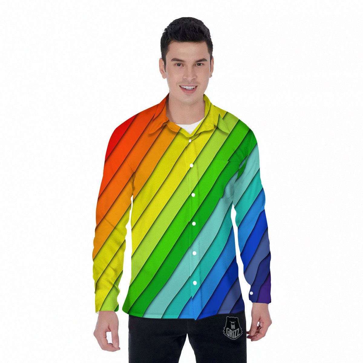Lines Rainbow Diagonal Print Pattern Men's Long Sleeve Shirts