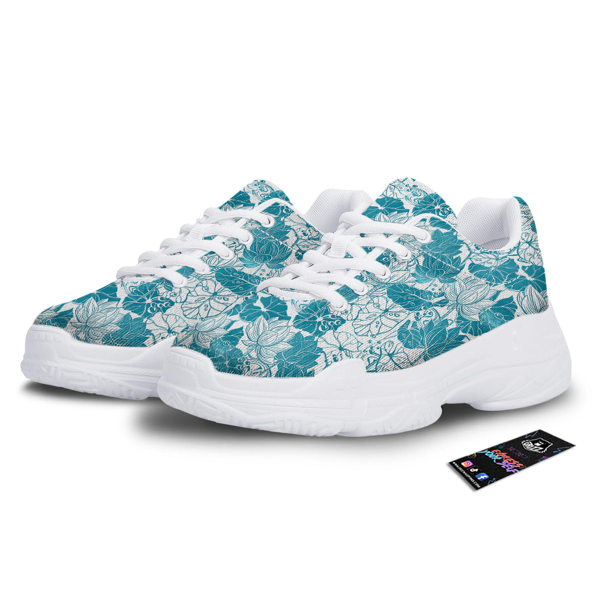 Lotus Blue And White Flower Print Pattern White Chunky Shoes