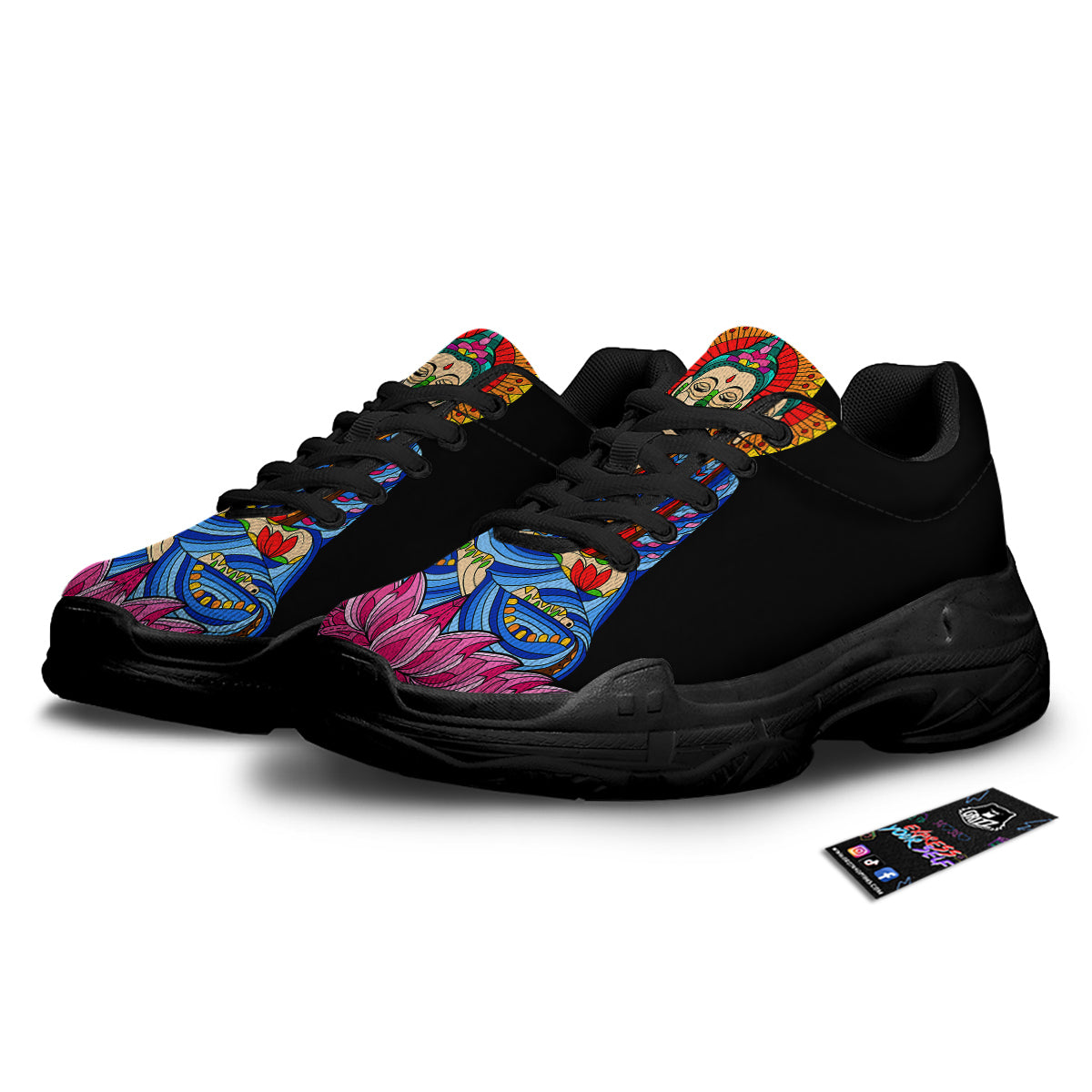Lotus Buddha Colorful Print Black Chunky Shoes