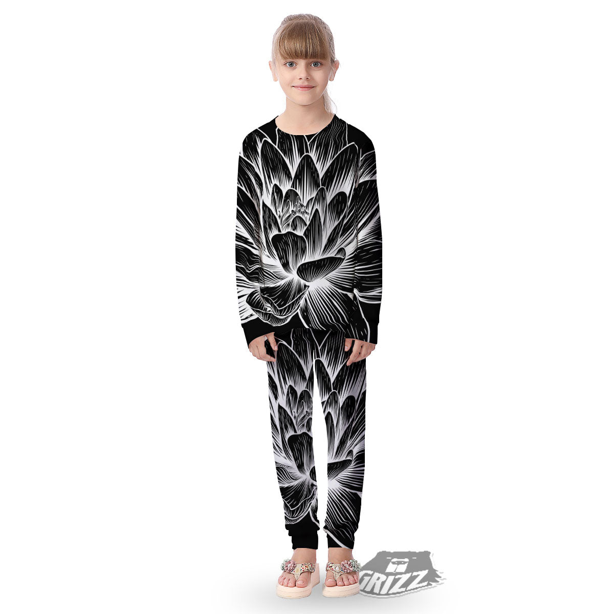 Lotus Flower White And Black Print Kid's Pajamas