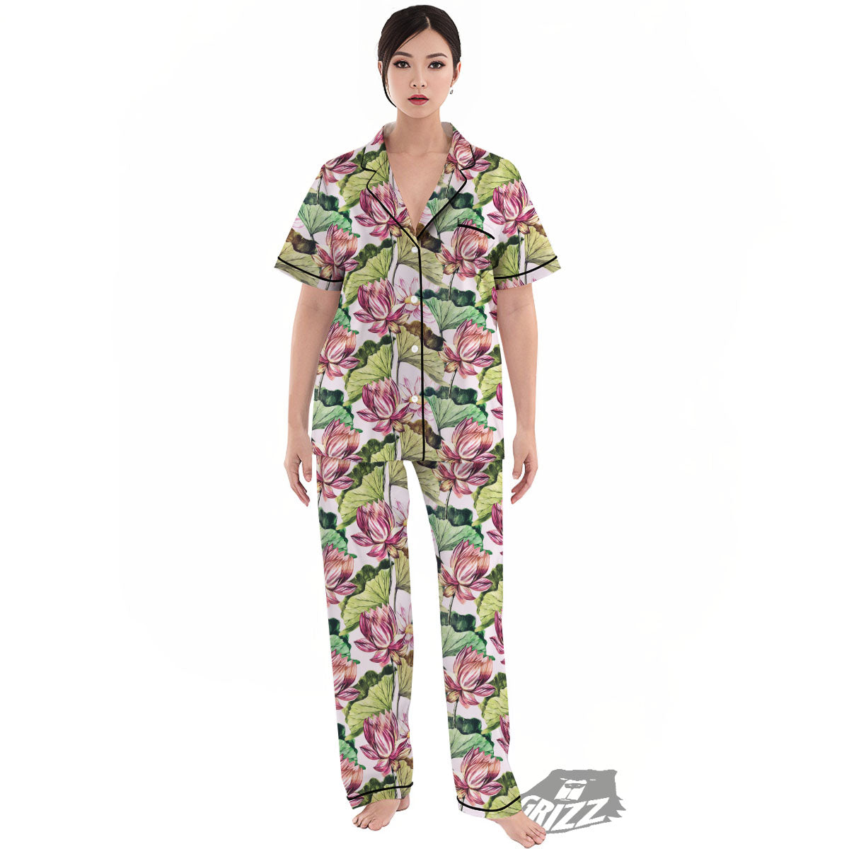 Lotus Pink Print Pattern Women's Pajamas Set