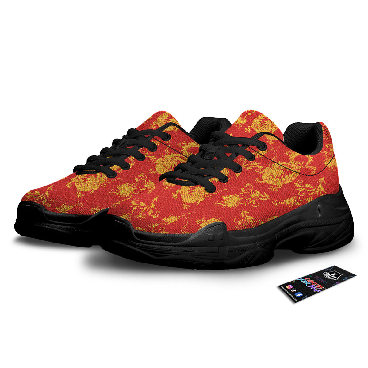 Lotus Red Dragon Print Pattern Black Chunky Shoes