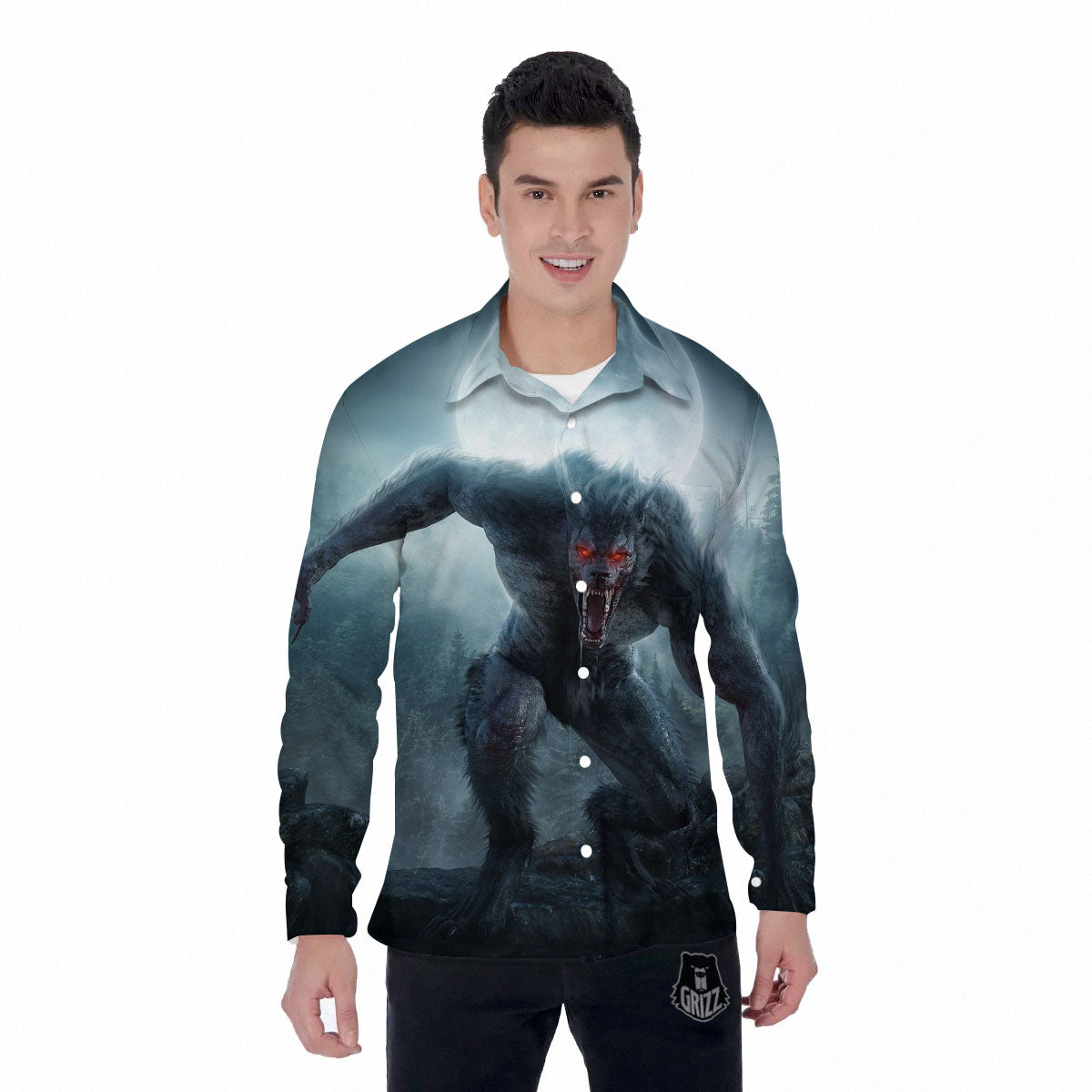 Lycan werewolf And Full Moon Print Men's Long Sleeve Shirts
