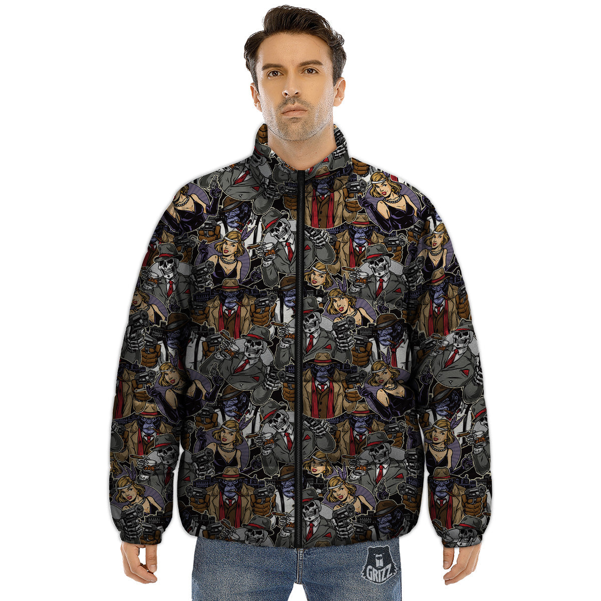 Mafia And Gangsters Print Pattern Puffer Jacket