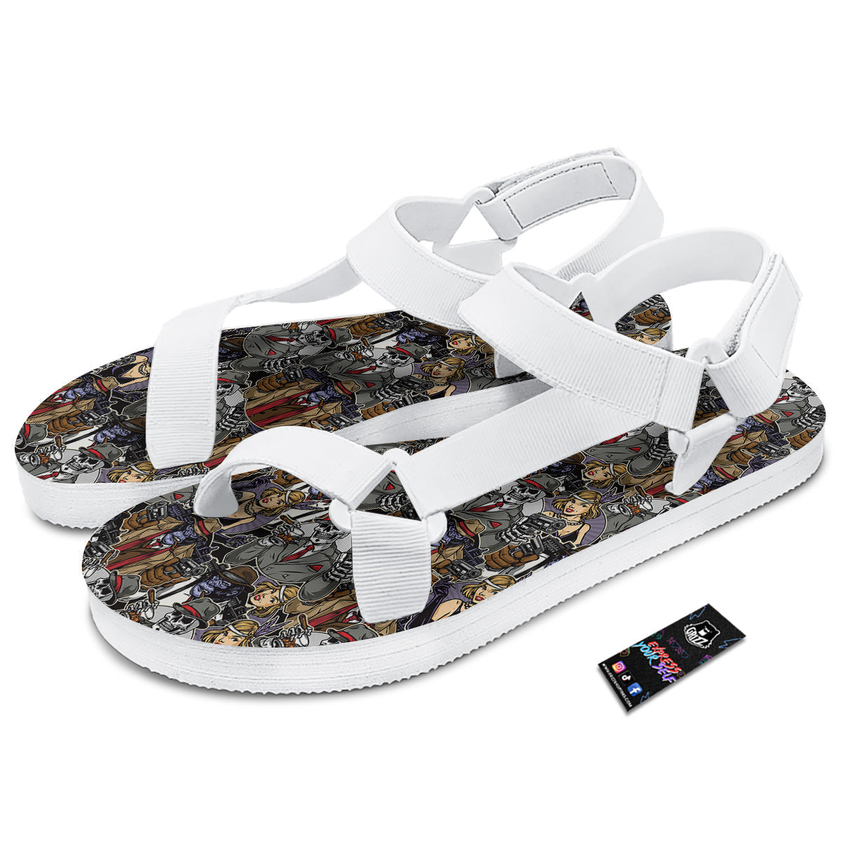 Mafia And Gangsters Print Pattern White Open Toe Sandals