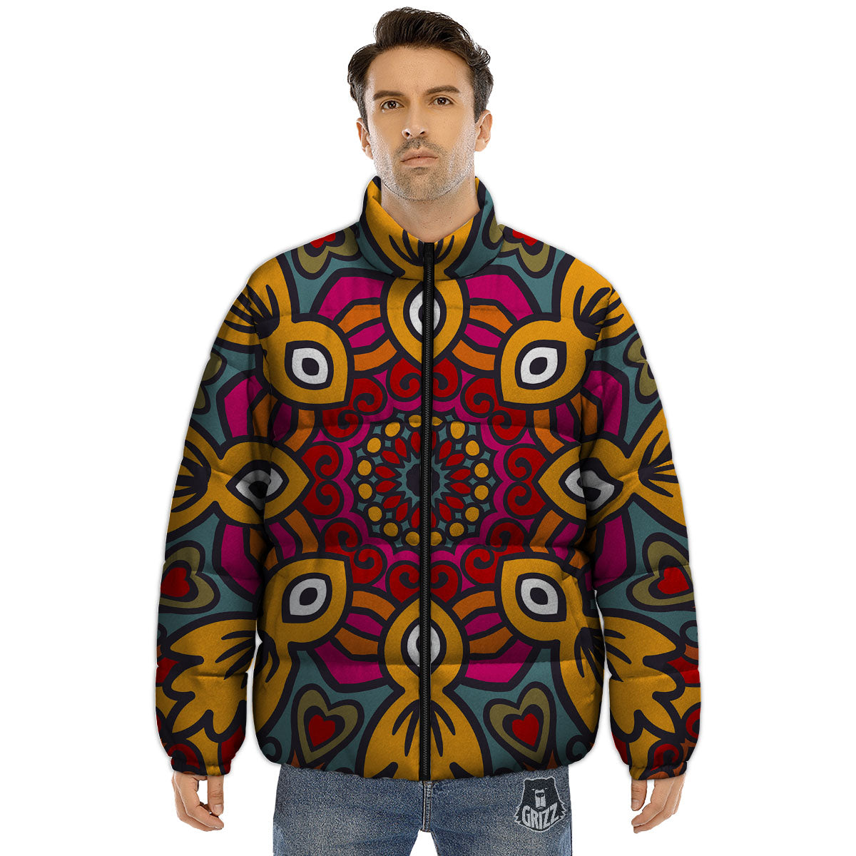 Mandala Bohemian Native Print Pattern Puffer Jacket