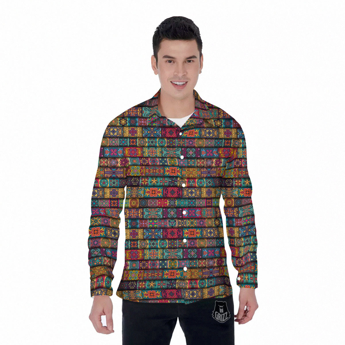 Mandala Bohemian Rectangle Print Pattern Men's Long Sleeve Shirts