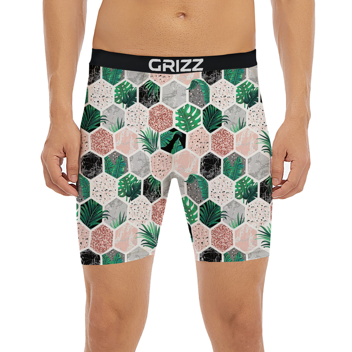 Marble Geometric And Tropical Leaves Print Boxer Briefs