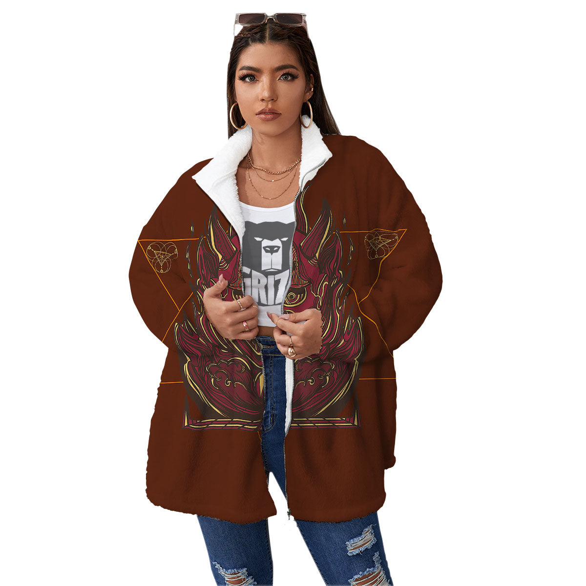 Mask Geometric Samurai Print Women's Sherpa Jacket