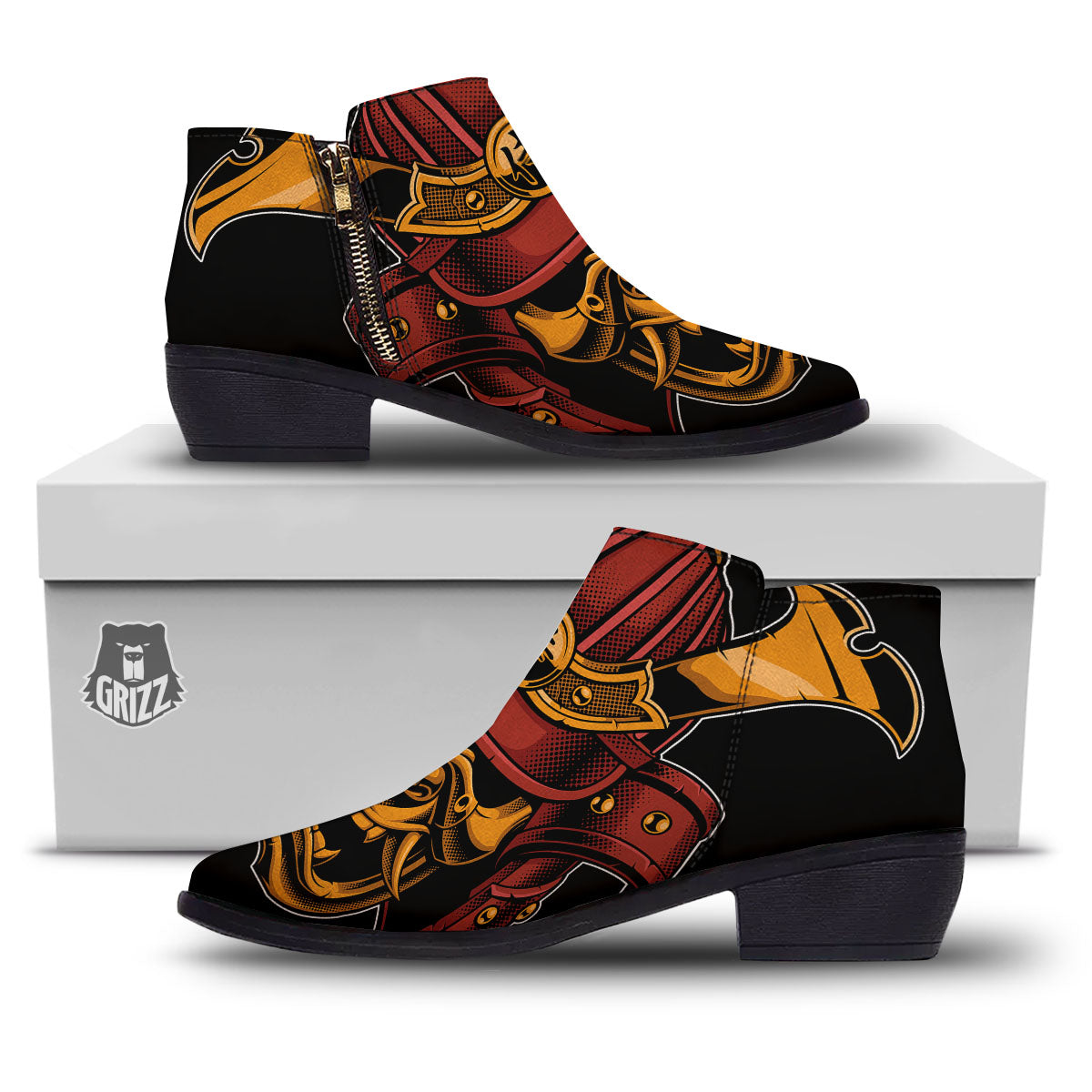 Mask Samurai Warrior Print Ankle Boots