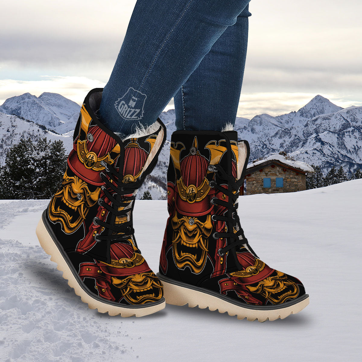 Mask Samurai Warrior Print Snow Boots