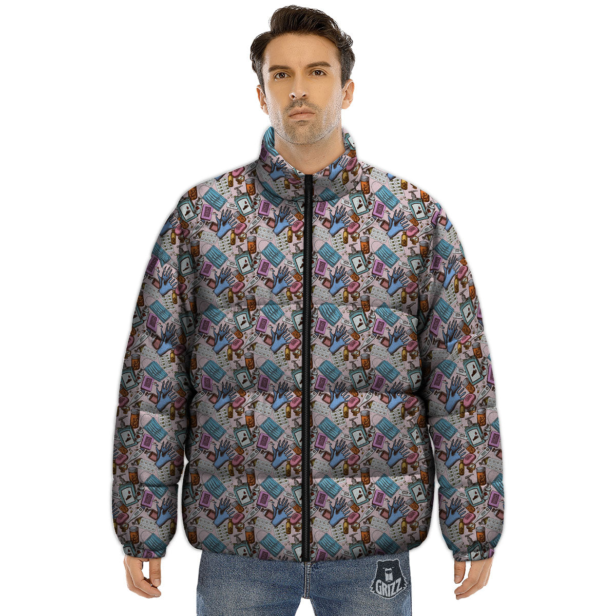 Medical Colorful Print Pattern Puffer Jacket