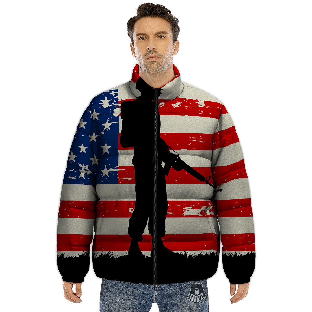 Memorial War American Flag Print Puffer Jacket