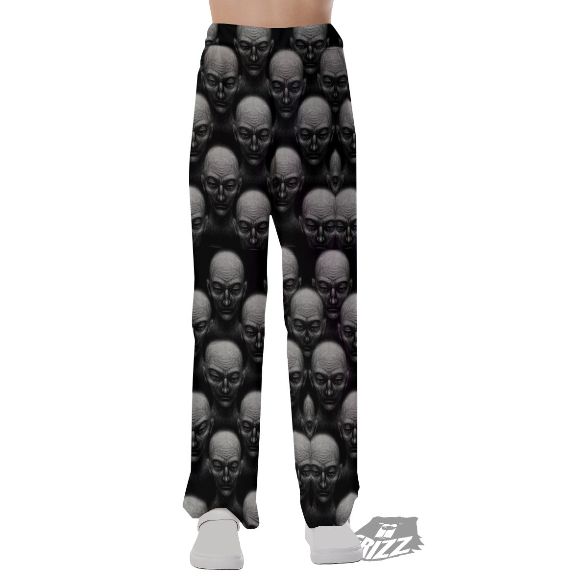 Monochrome Scary Faces Hand Drawn Print Pattern Pajama Pants