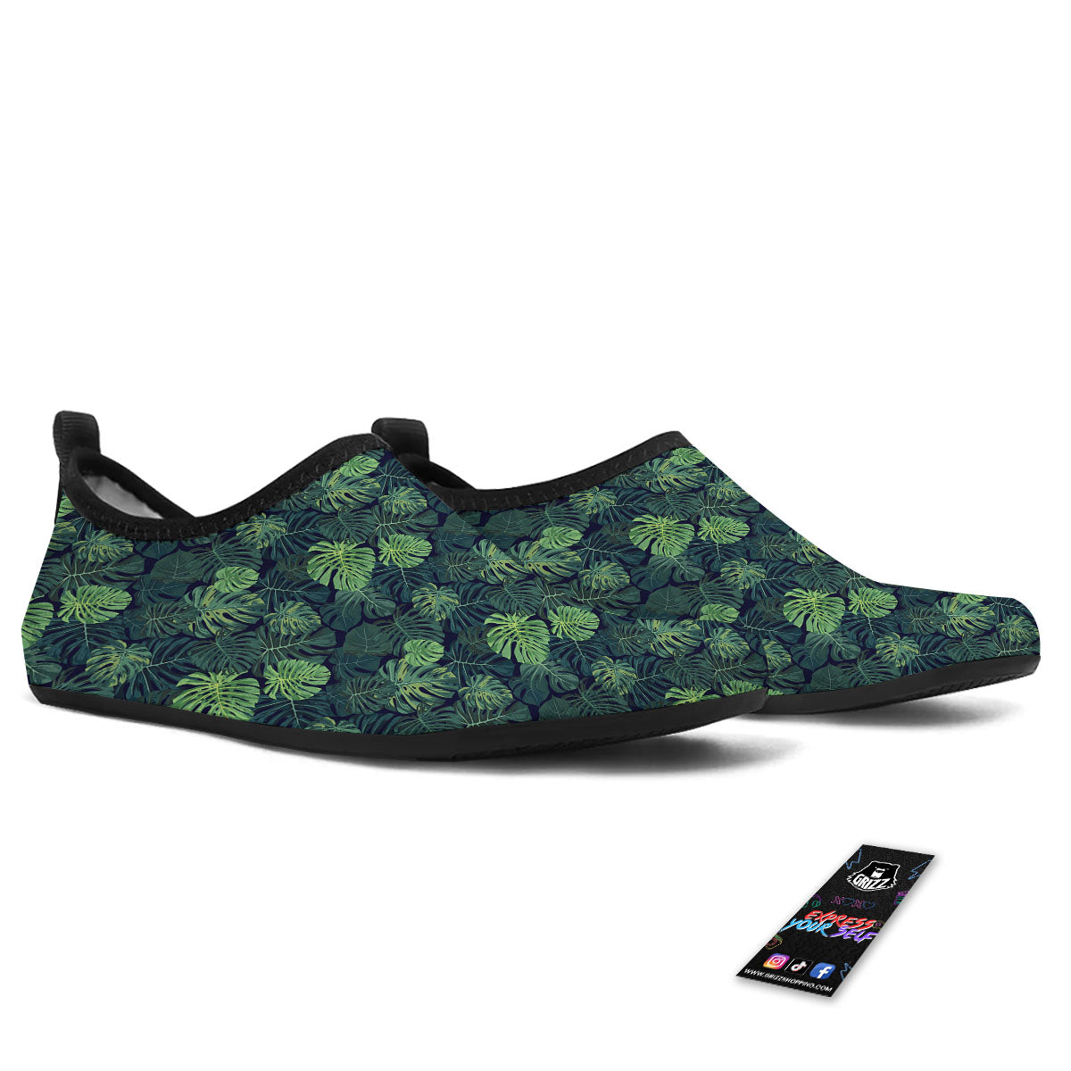 Monstera Green Tropical Print Pattern Water Shoes