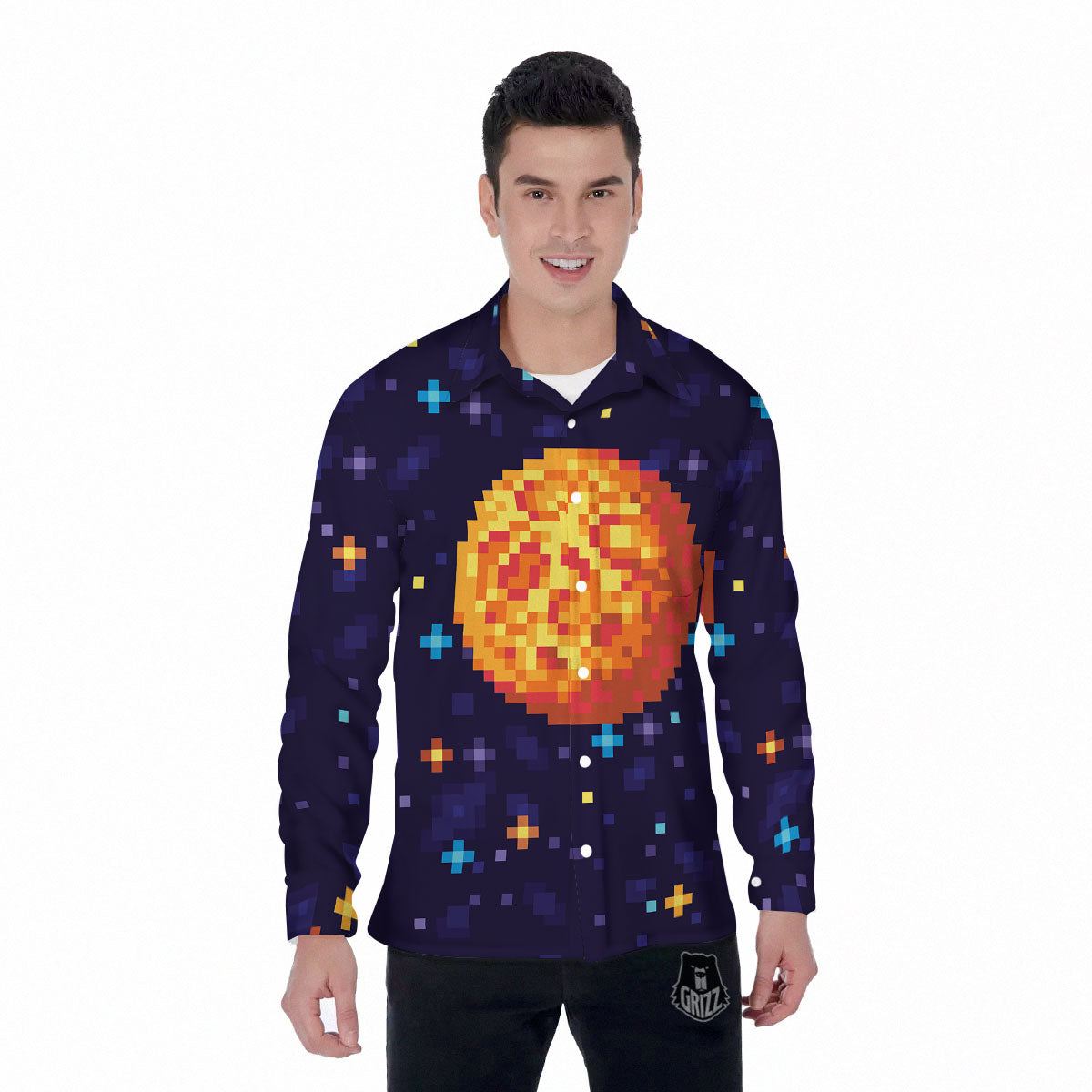 Moon 8-Bit Pixel Print Men's Long Sleeve Shirts