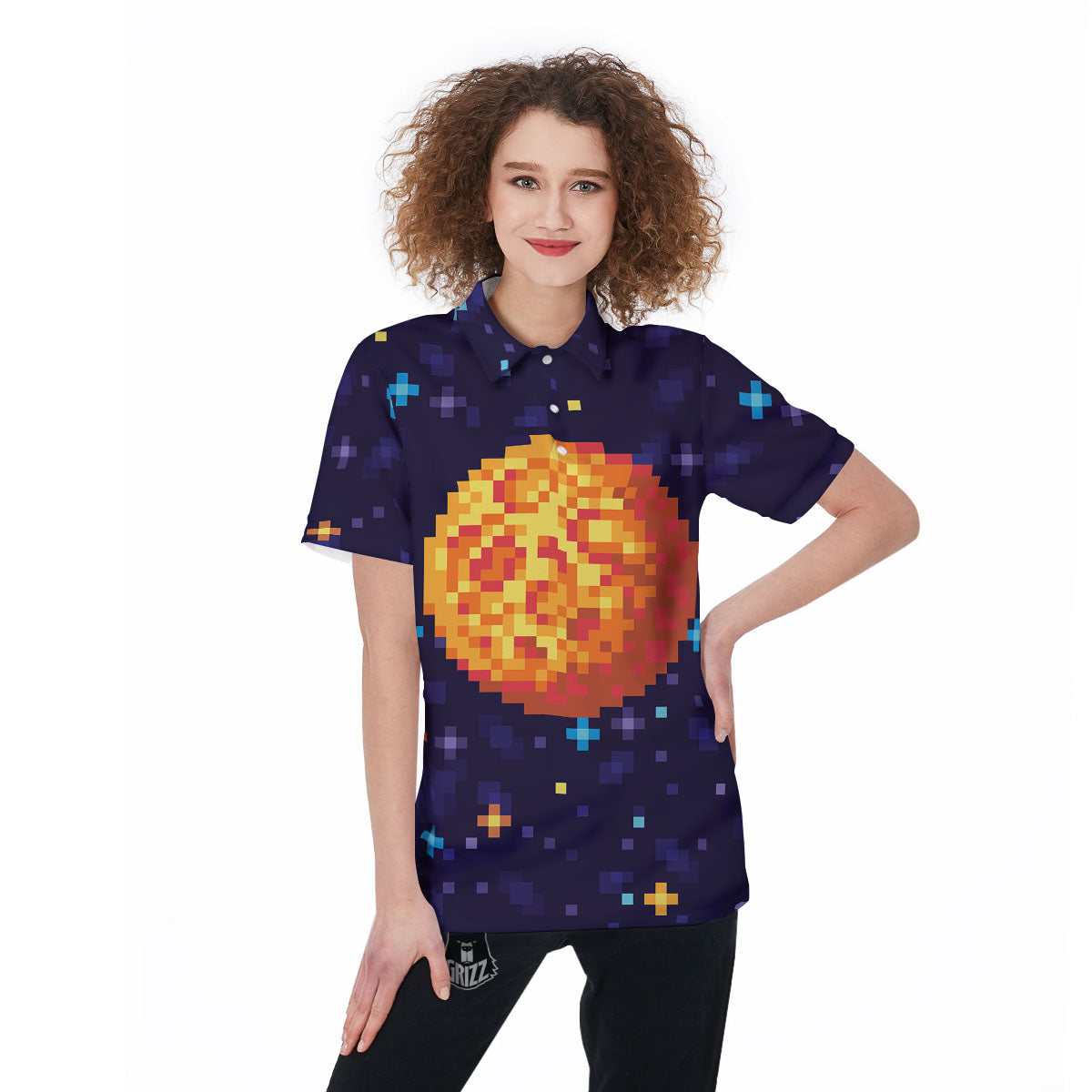 Moon 8-Bit Pixel Print Women's Golf Shirts