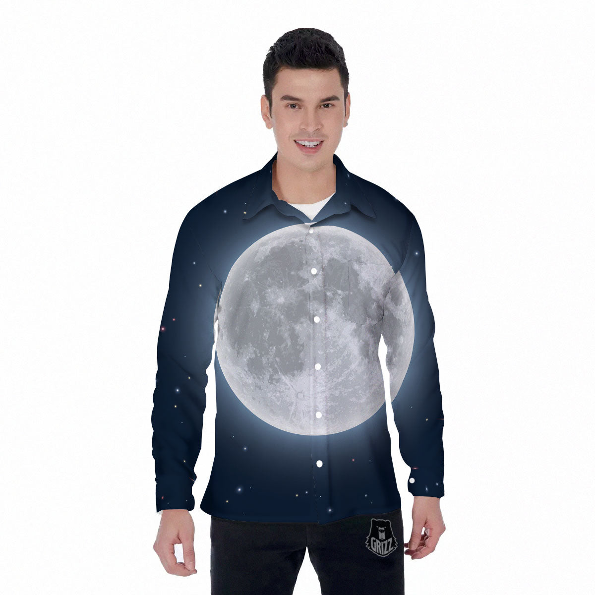 Moonlight And Night Sky Print Men's Long Sleeve Shirts
