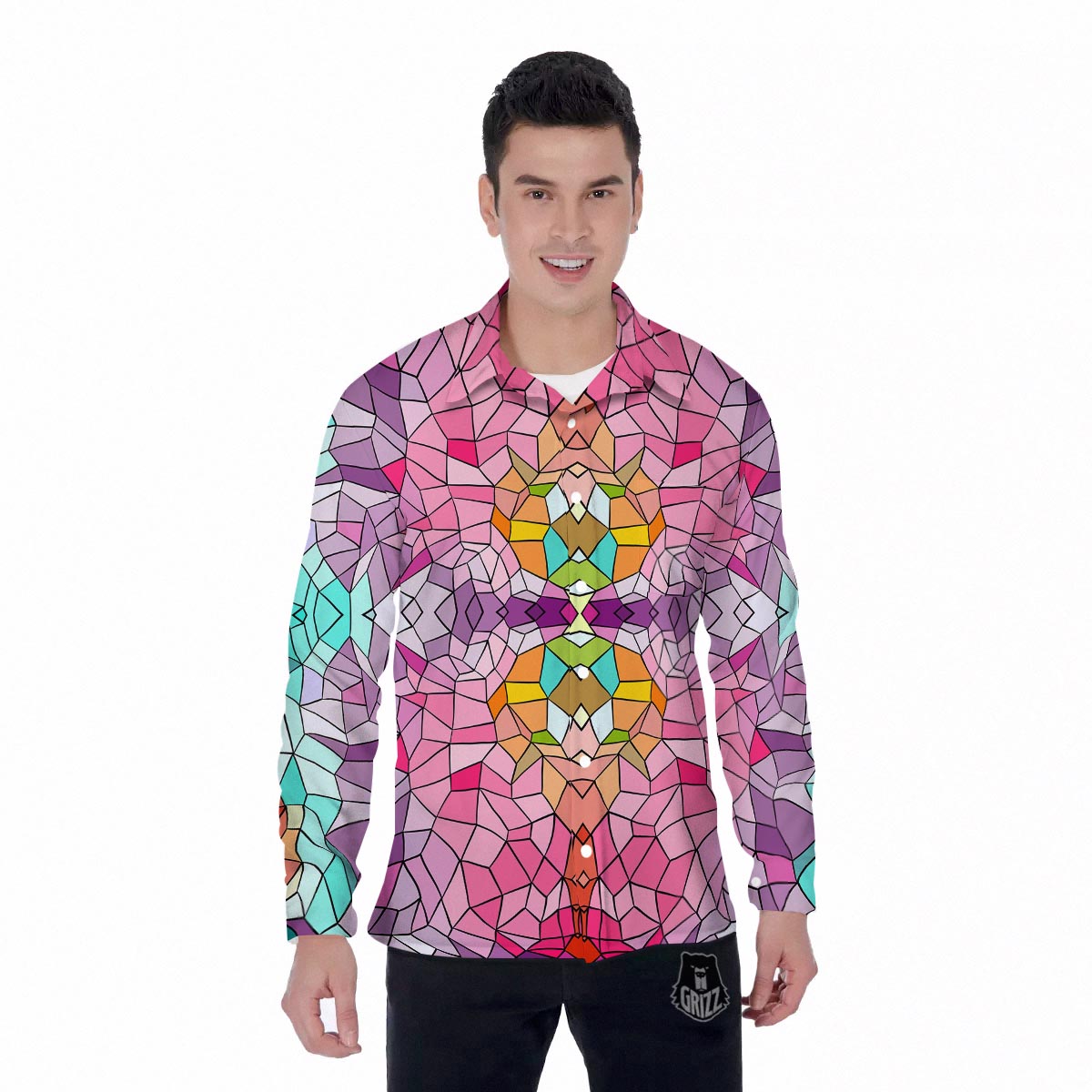 Mosaic Stained Glass Print Pattern Men's Long Sleeve Shirts