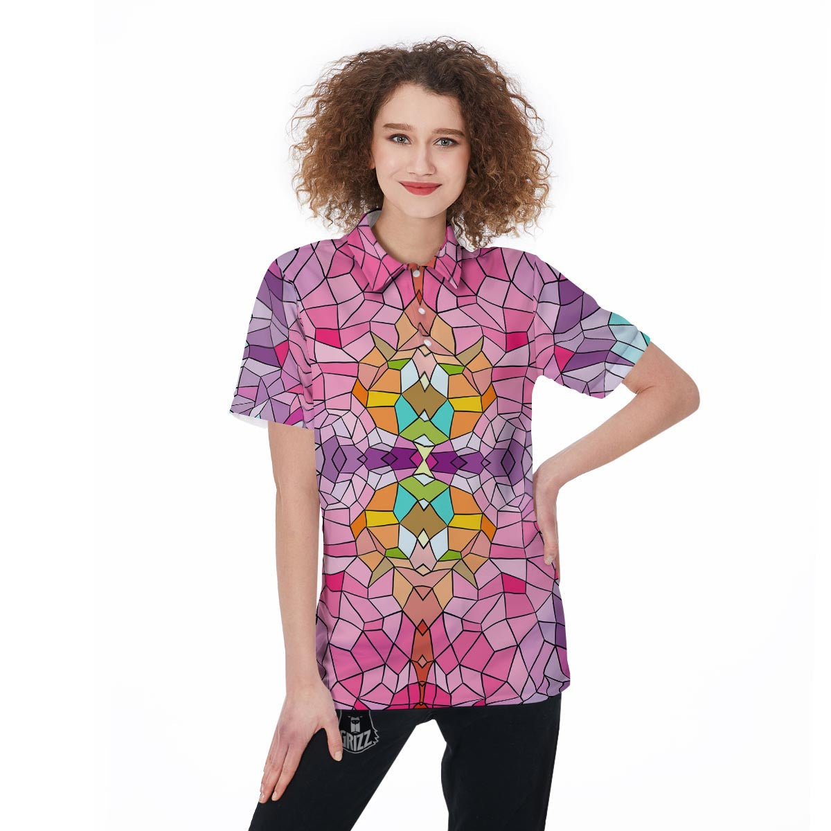 Mosaic Stained Glass Print Pattern Women's Golf Shirts