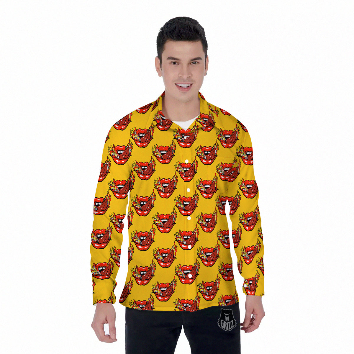 Mouth And Tongue Sticking Fire Print Pattern Men's Long Sleeve Shirts