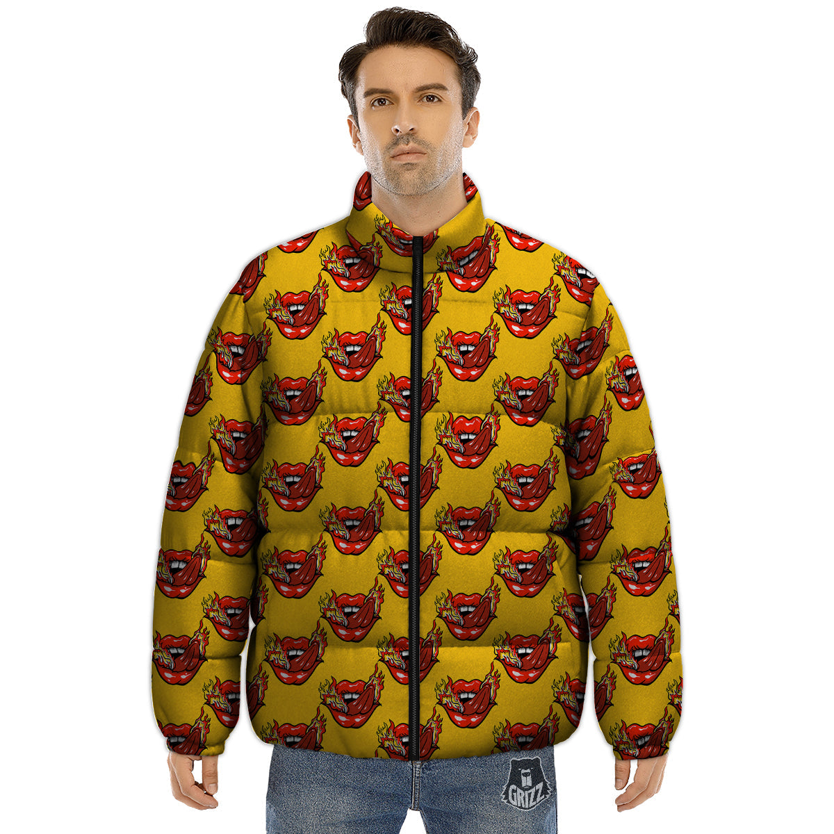 Mouth And Tongue Sticking Fire Print Pattern Puffer Jacket