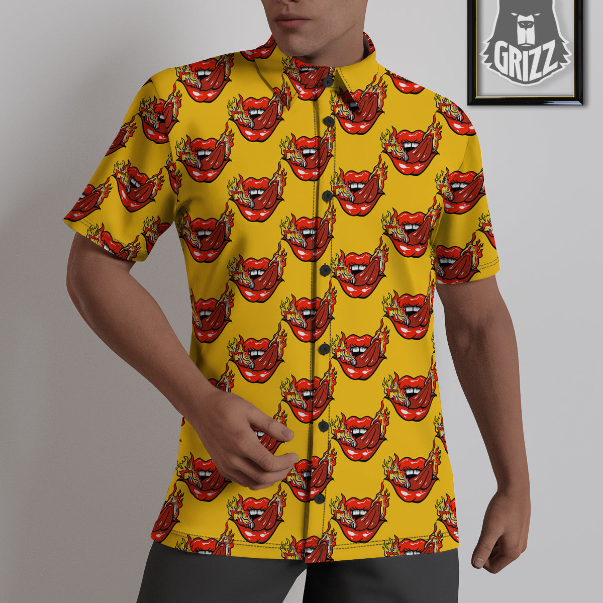 Mouth And Tongue Sticking Fire Print Pattern Untucked Shirts