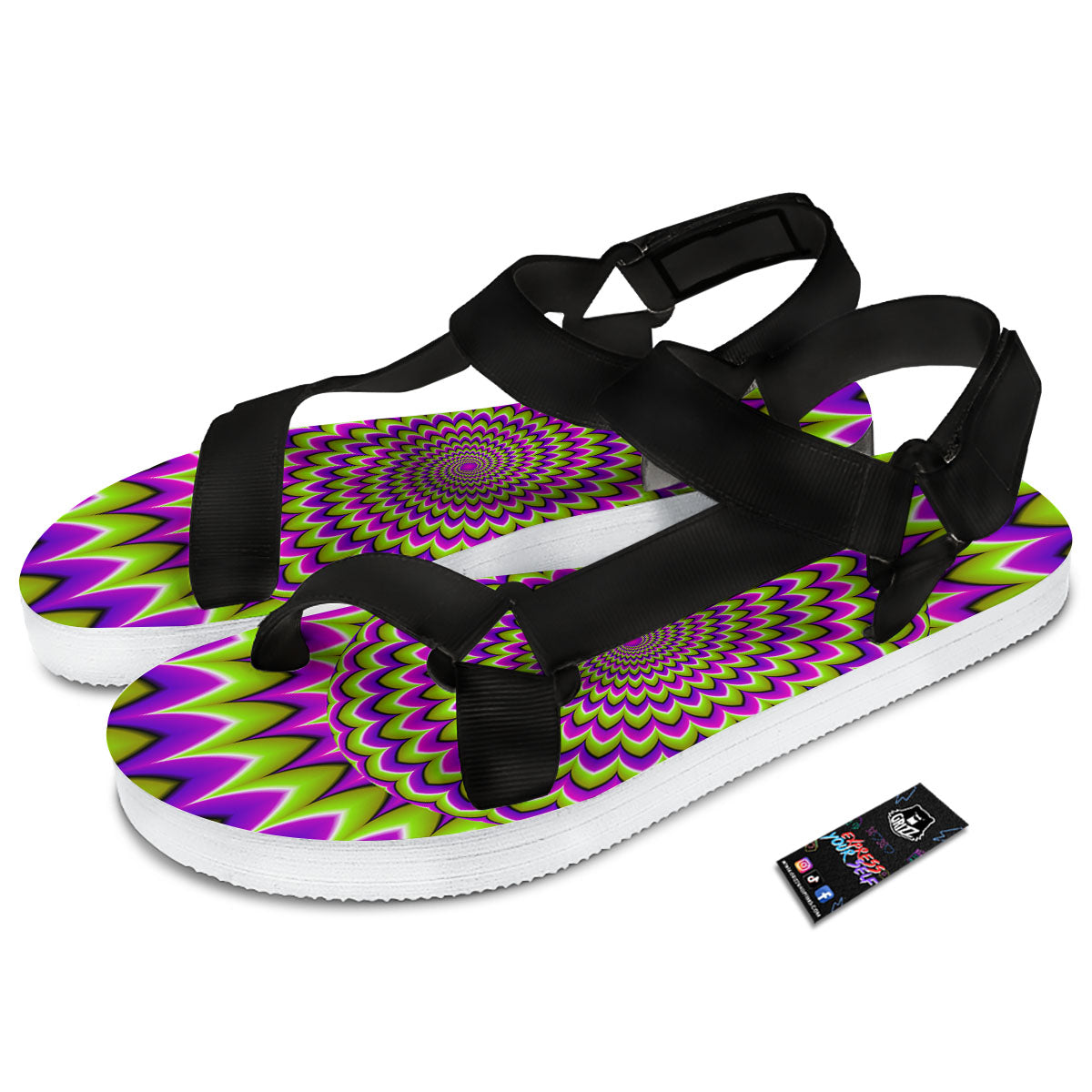 Moving Optical Illusion Spiky Spiral Black Open Toe Sandals