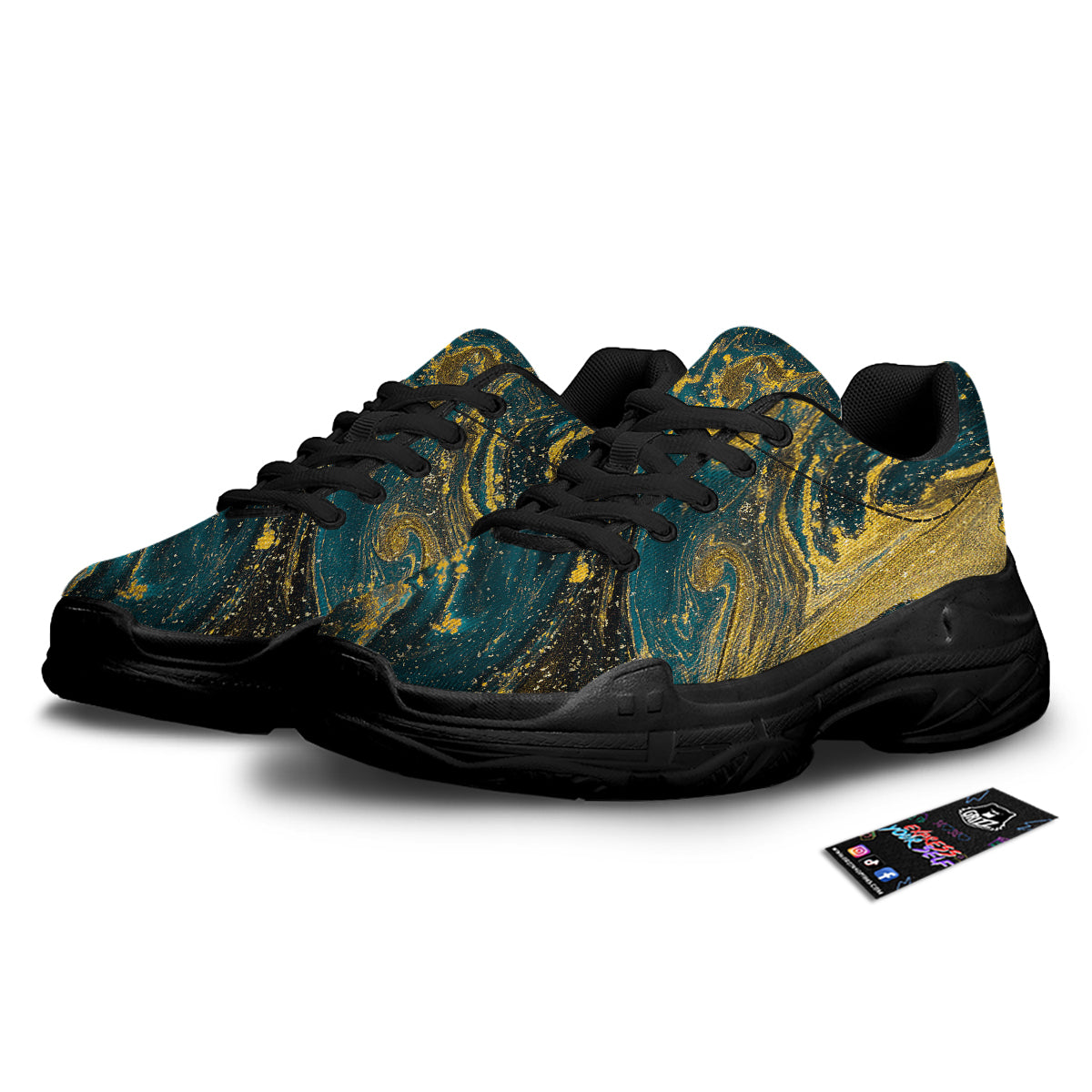 Natural Luxury Blue And Gold Marble Print Black Chunky Shoes