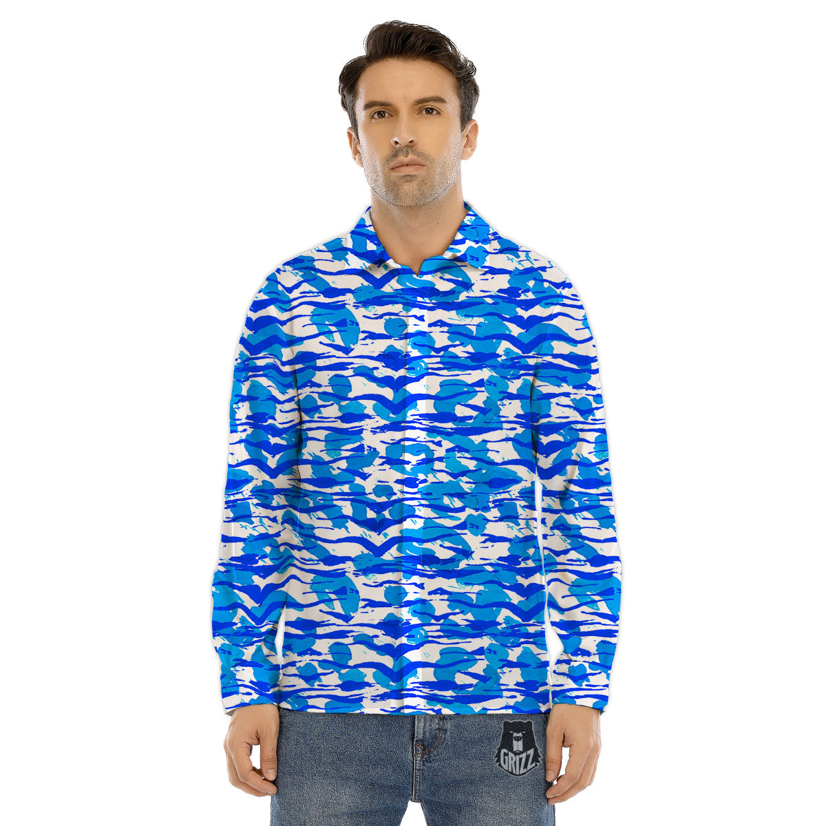 Navy Tiger Stripe Camouflage Seamless Print Pattern Men's Dress Shirts