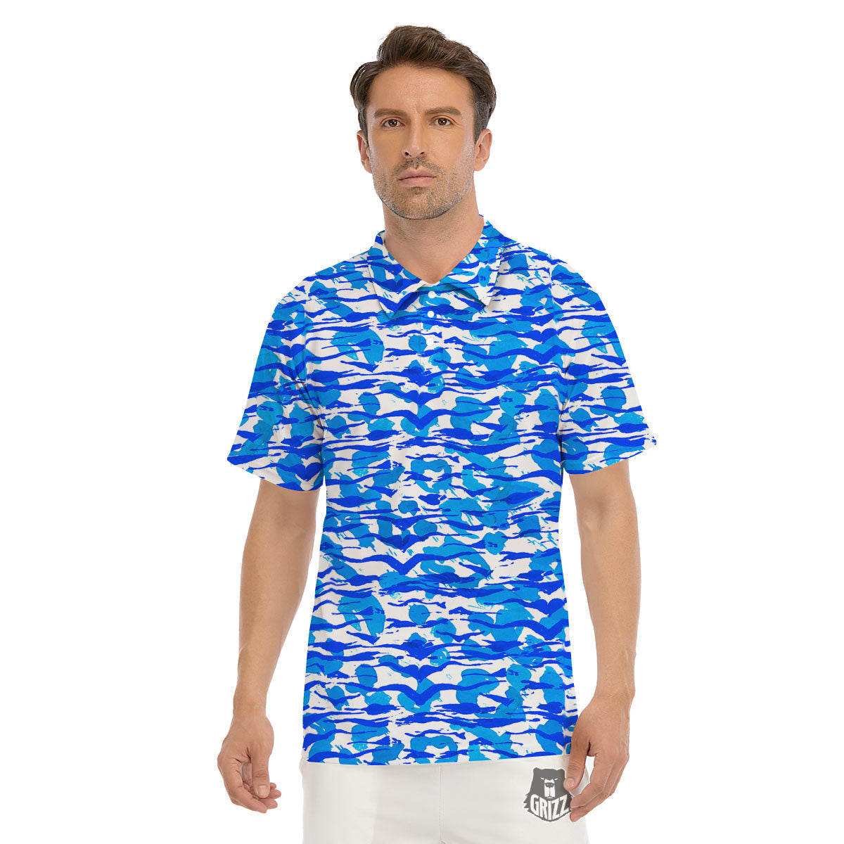 Navy Tiger Stripe Camouflage Seamless Print Pattern Men's Golf Shirts