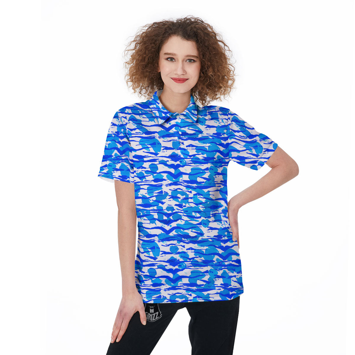 Navy Tiger Stripe Camouflage Seamless Print Pattern Women's Golf Shirt
