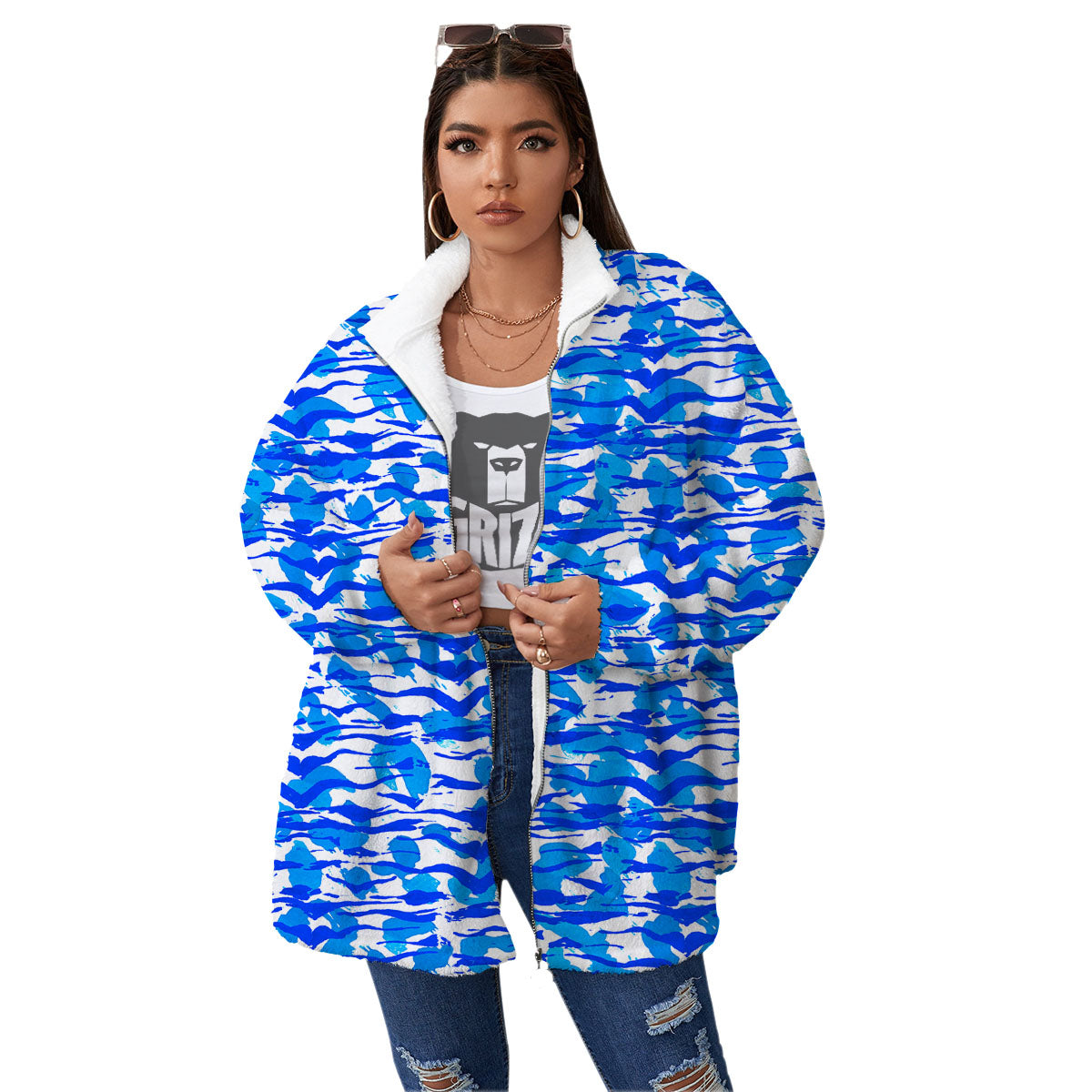 Navy Tiger Stripe Camouflage Seamless Print Pattern Women's Sherpa Jacket
