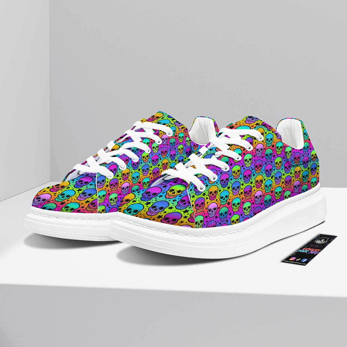 Neon Bright Human Skulls Print Pattern Platform Shoes