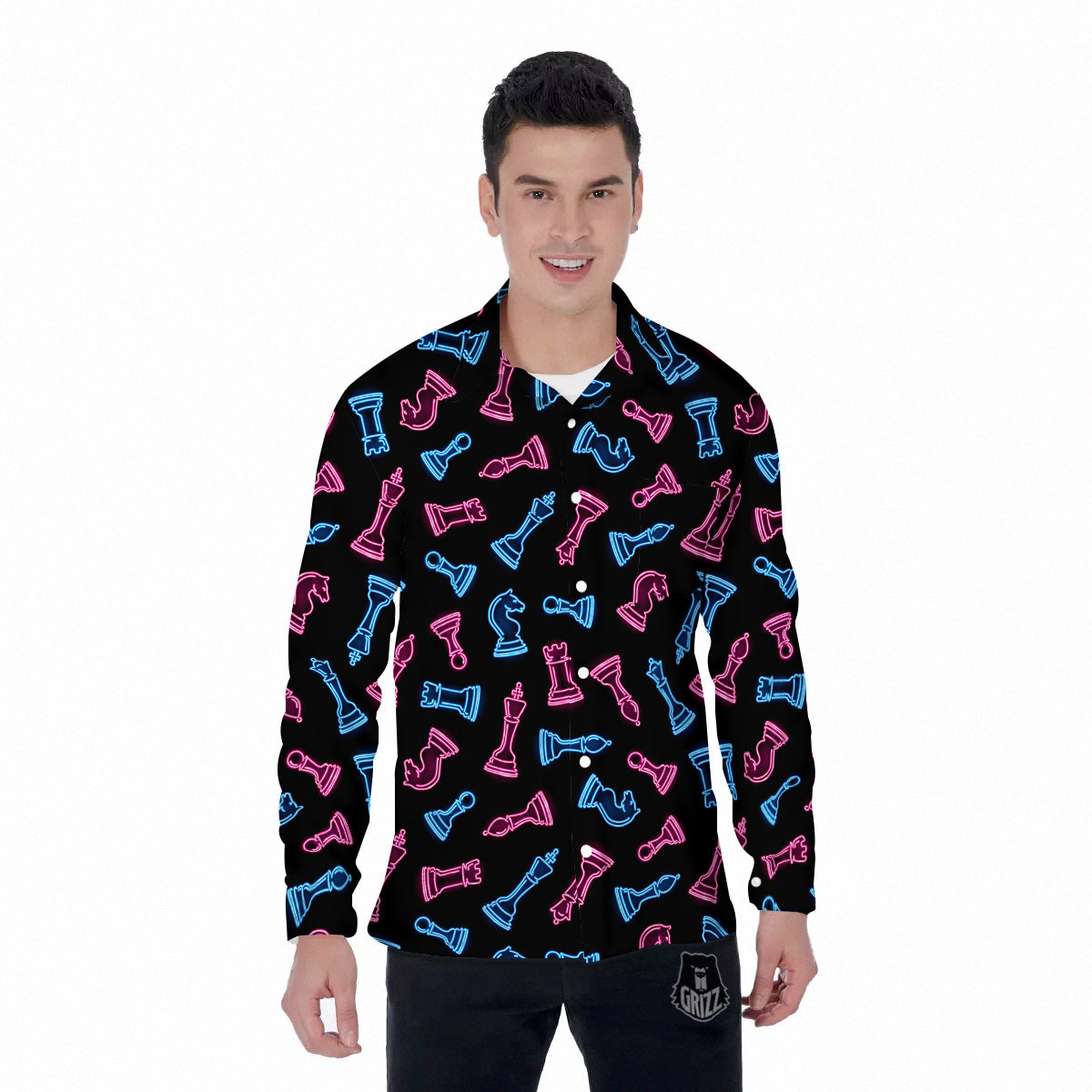 Neon Chess Pieces Print Pattern Men's Long Sleeve Shirts