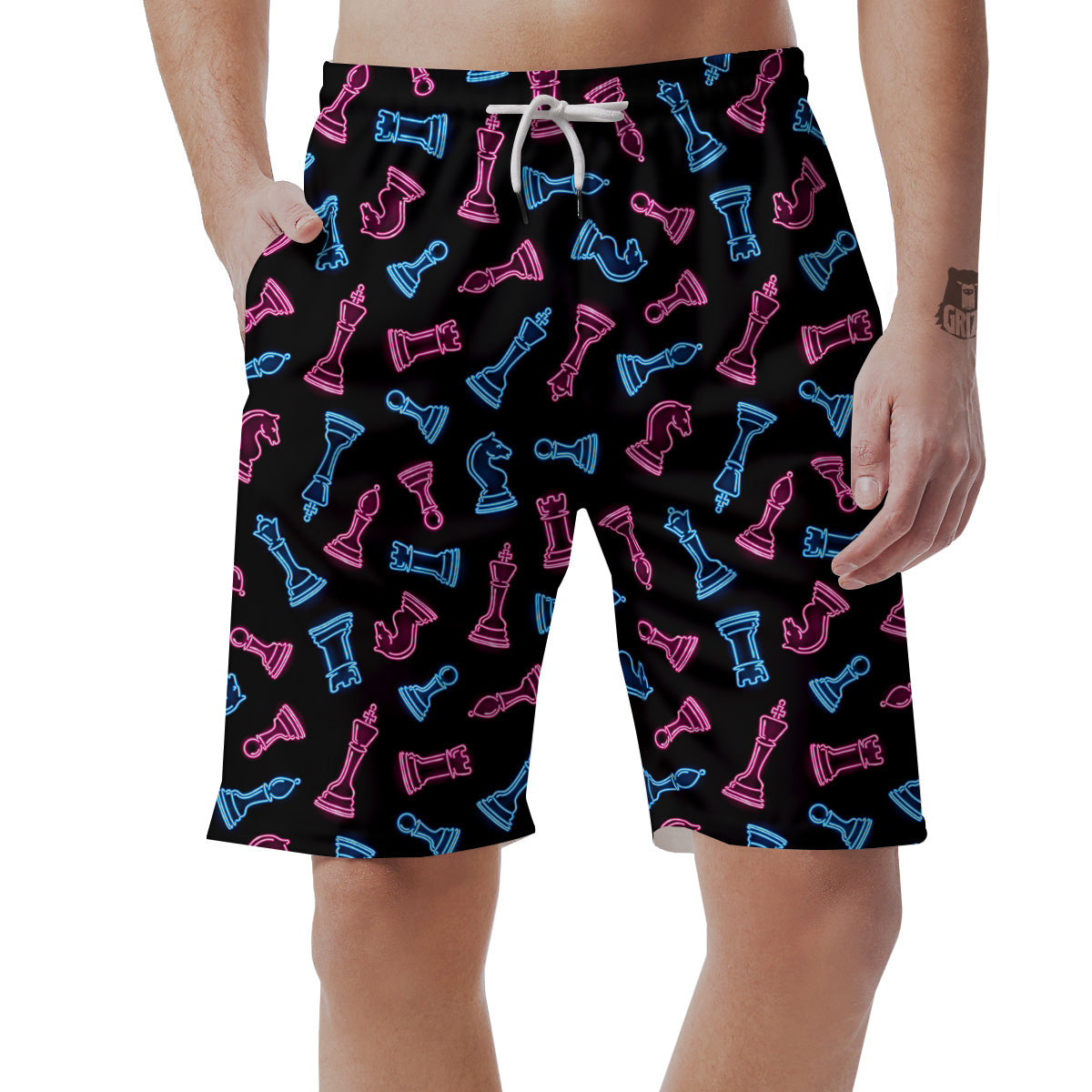 Neon Chess Pieces Print Pattern Men's Shorts