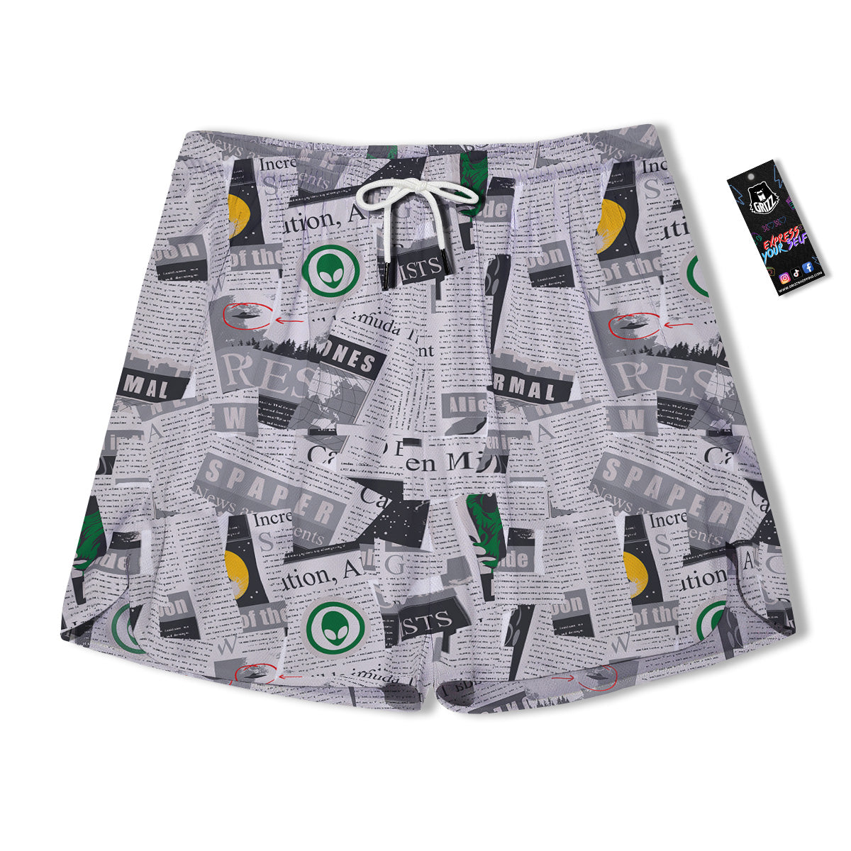 Newspaper Clippings On Aliens Topic Print Pattern Men's Running Shorts