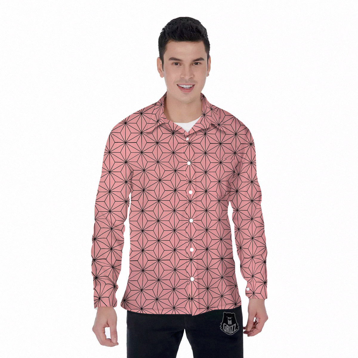 Nezuko Print Pattern Men's Long Sleeve Shirts
