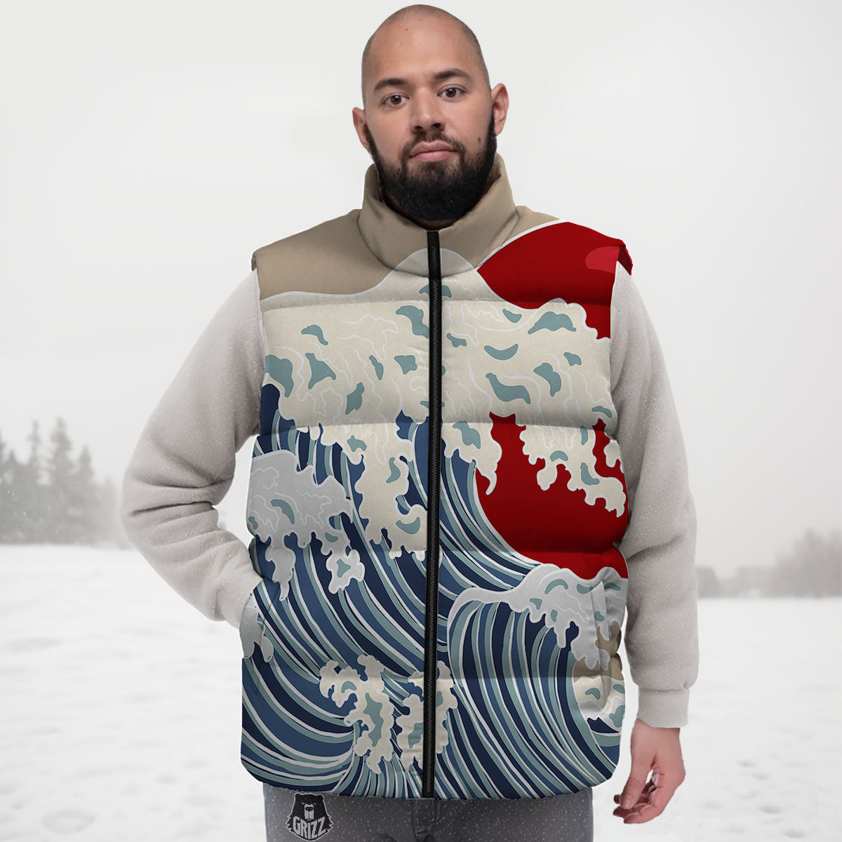 Ocean Wave Japanese Print Down Vest