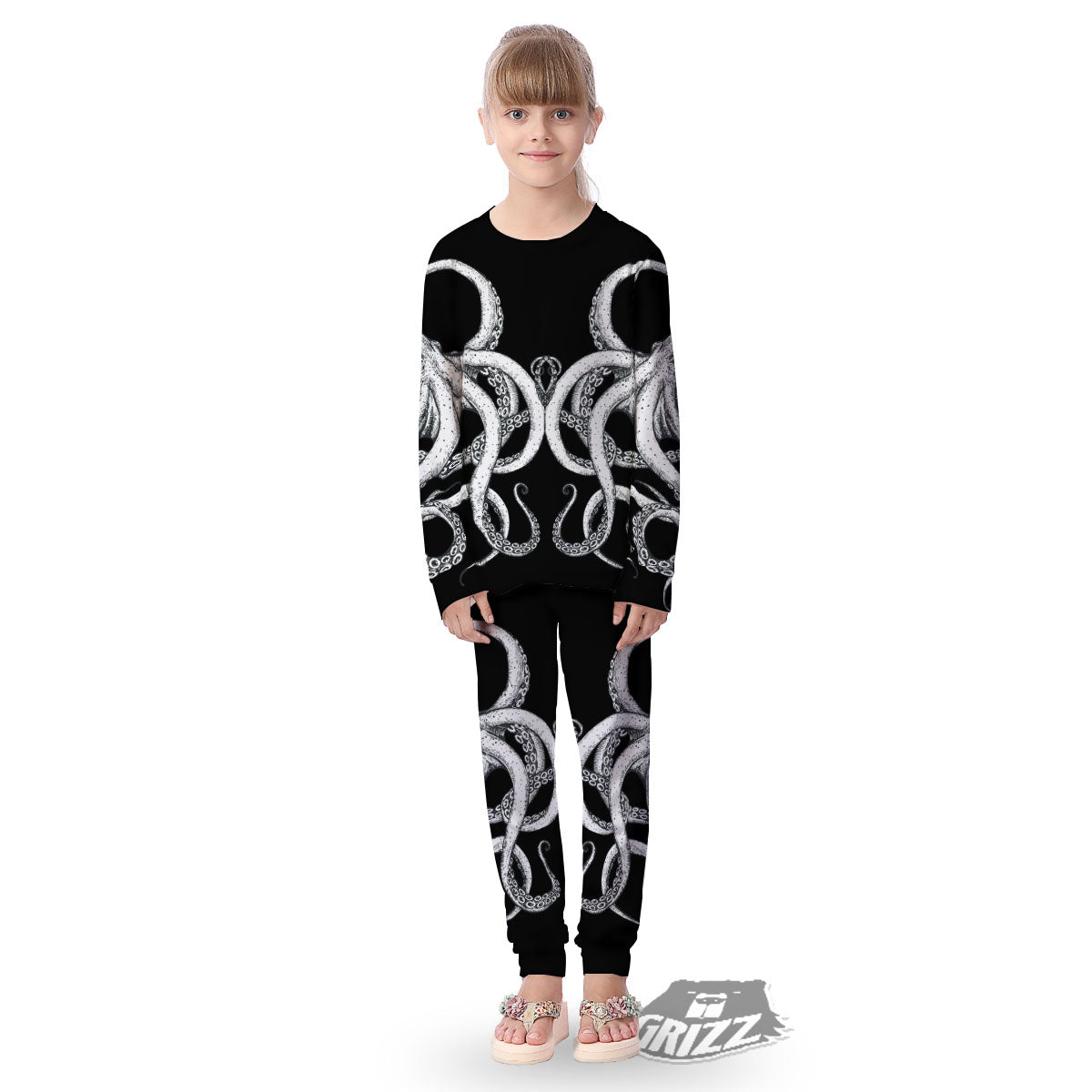 Octopus Tentacles White And Black Print Kid's Pajamas