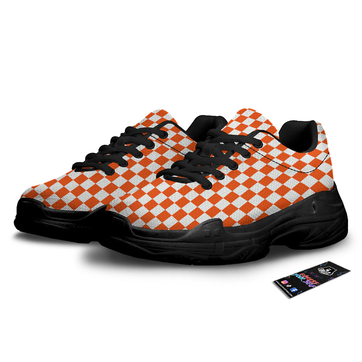 Orange And White Checkered Print Pattern Black Chunky Shoes