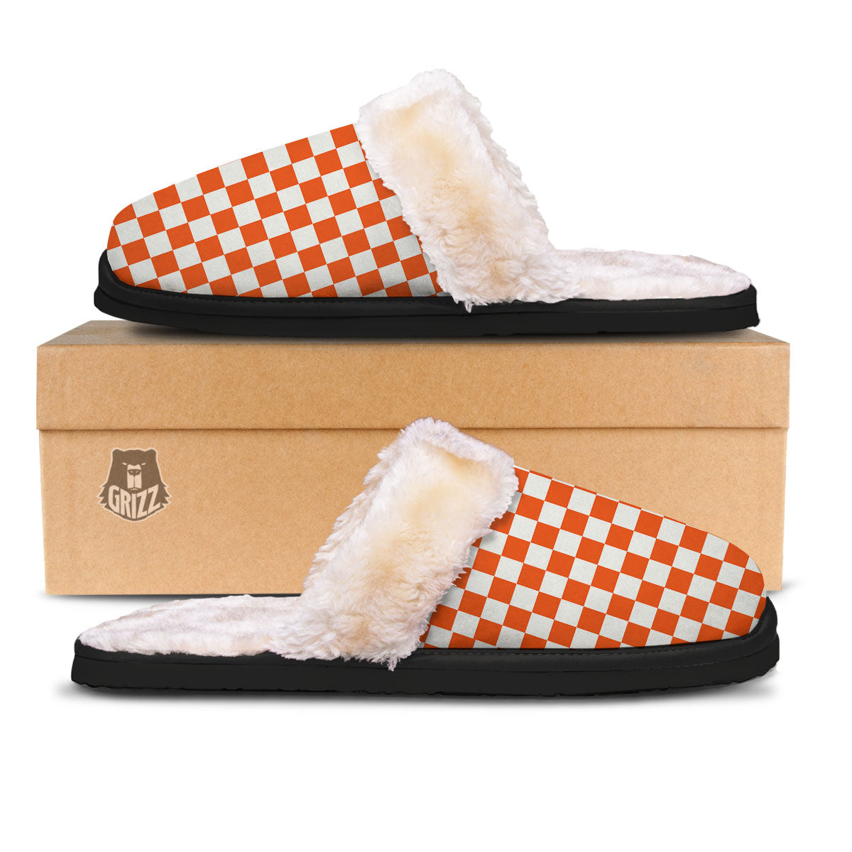 Orange And White Checkered Print Pattern Slippers