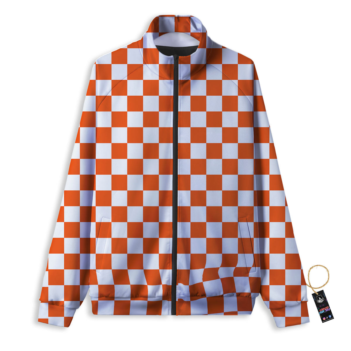 Orange And White Checkered Print Pattern Track Jacket