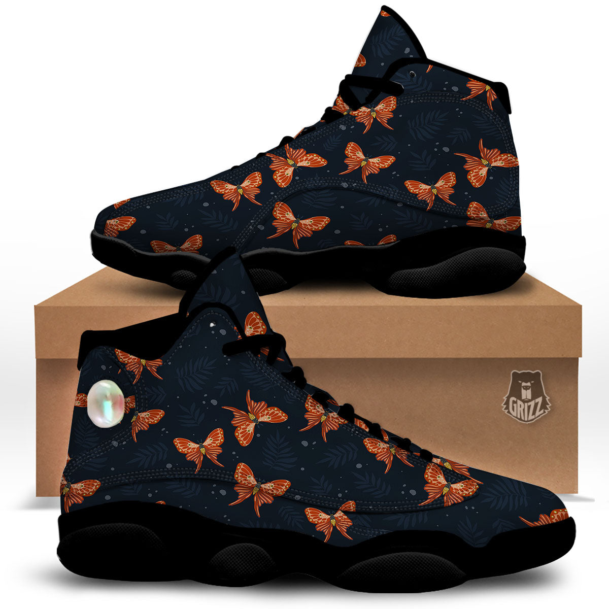 Orange Butterfly Monarch Print Pattern Black Basketball Shoes